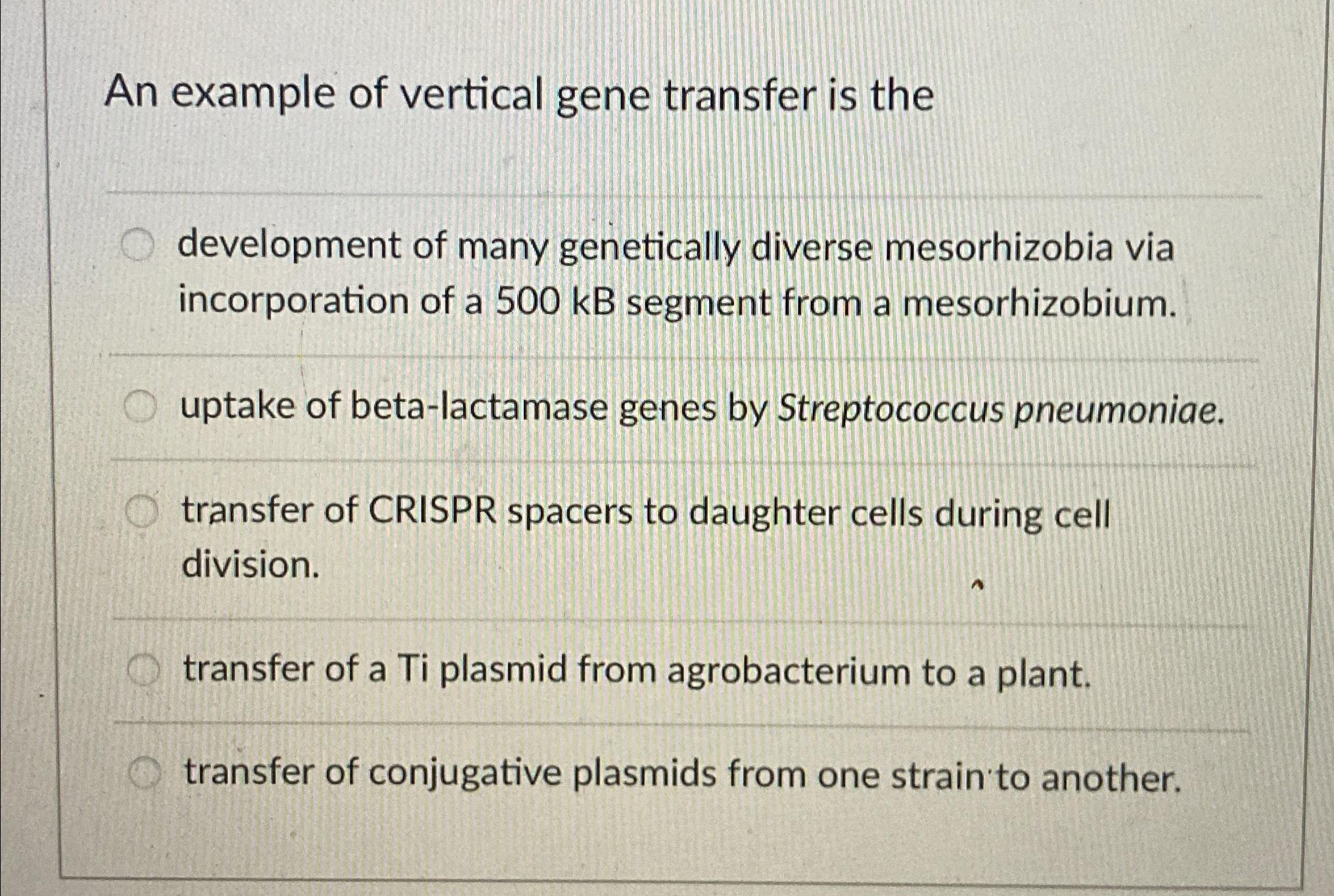 Solved An example of vertical gene transfer is | Chegg.com