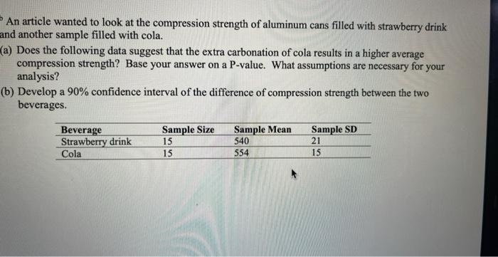 Solved An article wanted to look at the compression strength | Chegg.com