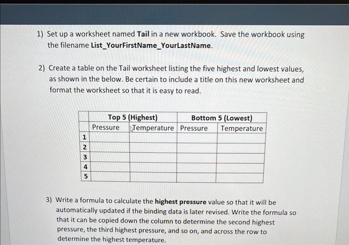 Solved 1) Set up a worksheet named Tail in a new workbook. | Chegg.com