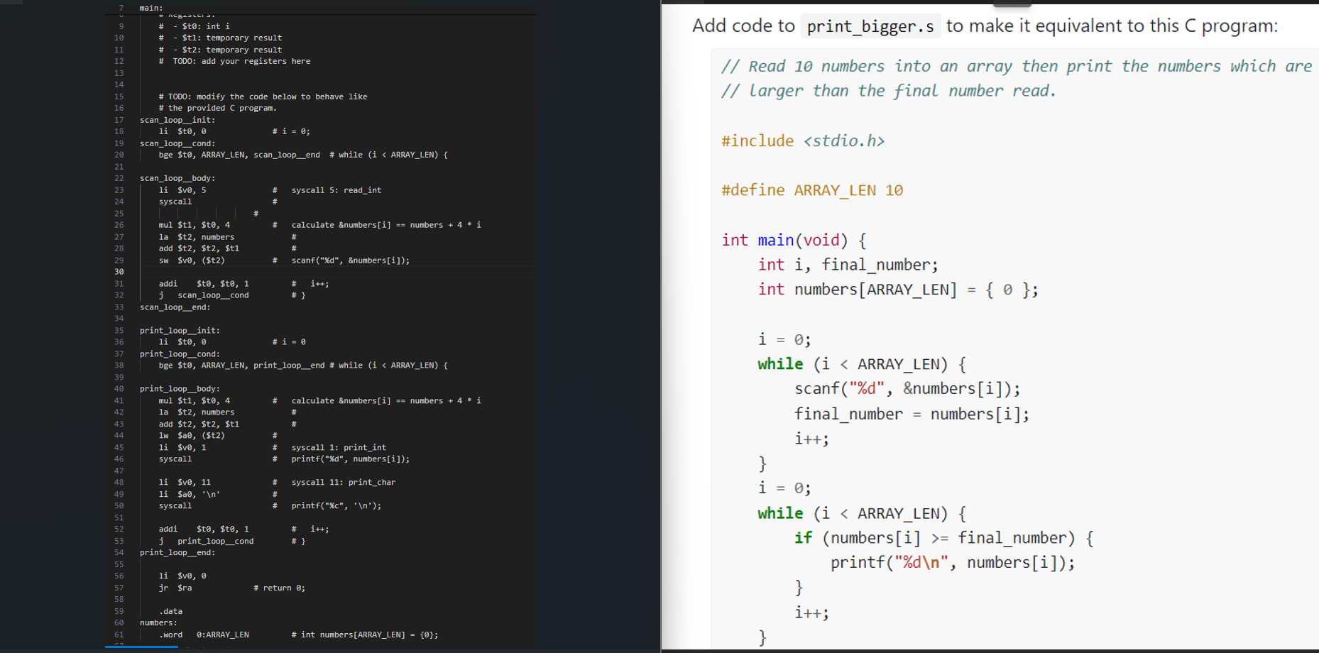 Solved Add code (MIPS) to print_bigger.s to make it | Chegg.com Solved Add code (MIPS) to print_bigger.s to make it | Chegg.com