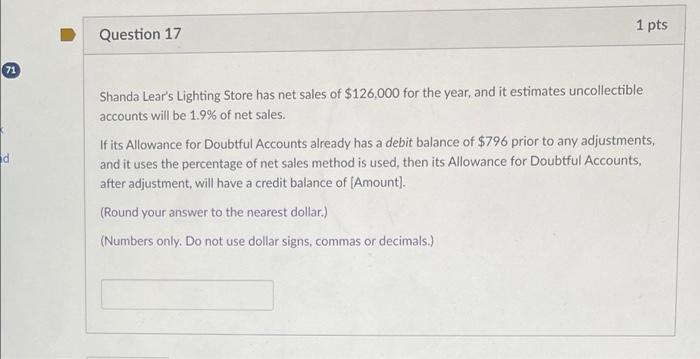 Solved 1 pts Question 17 71 d Shanda Lear's Lighting Store | Chegg.com