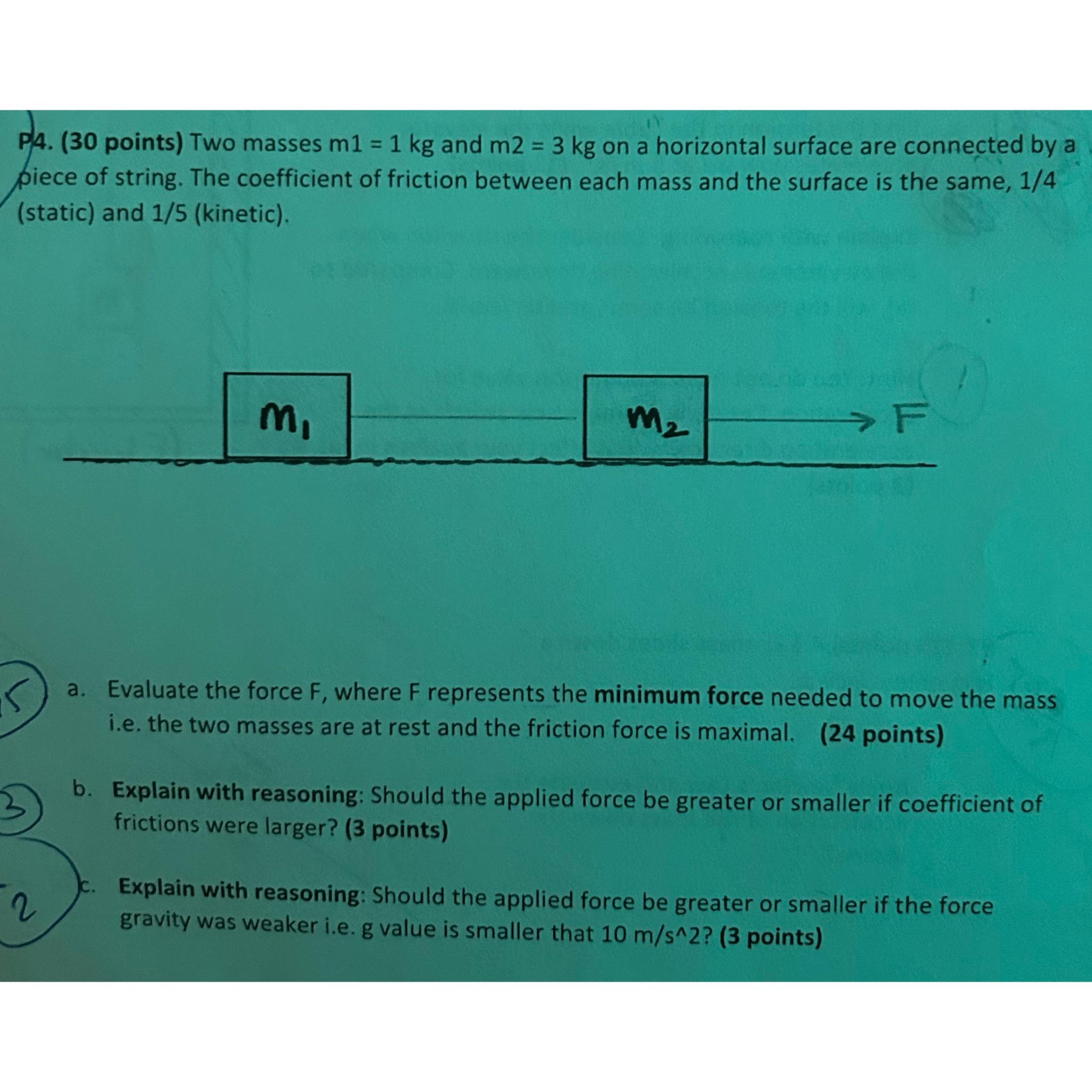 Solved ( 30 ﻿points) ﻿Two masses m1=1kg ﻿and m2=3kg ﻿on a | Chegg.com