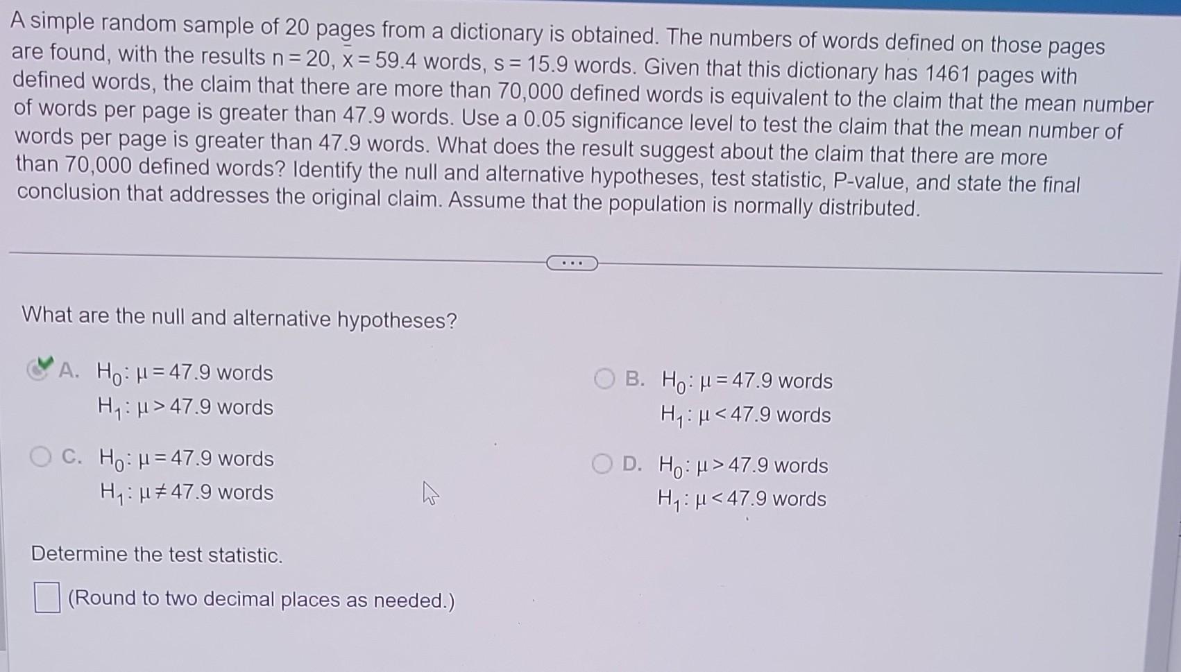 Solved A Simple Random Sample Of 20 Pages From A Dictionary Chegg
