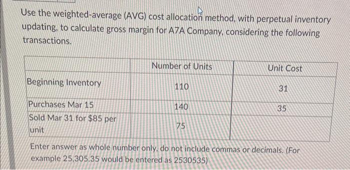 Solved Use the weighted-average (AVG) cost allocation | Chegg.com