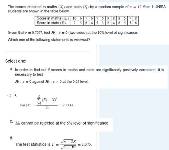 Solved The scores obtained in maths (Xi) and stats (Yi) by a | Chegg.com