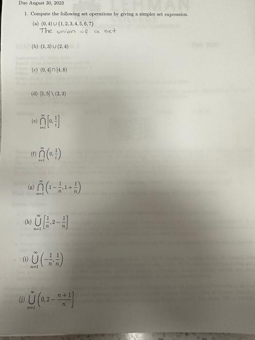 Solved Due August 30, 2023 1. Compute the following set | Chegg.com