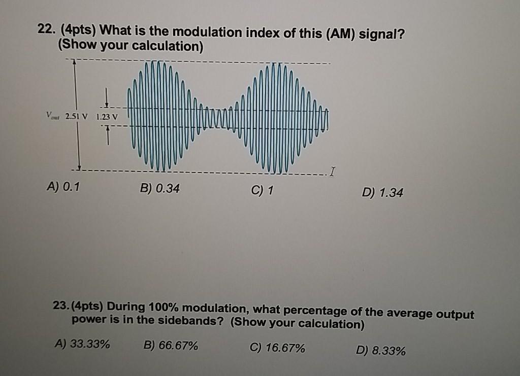 Solved 22. (4pts) What is the modulation index of this (AM) | Chegg.com