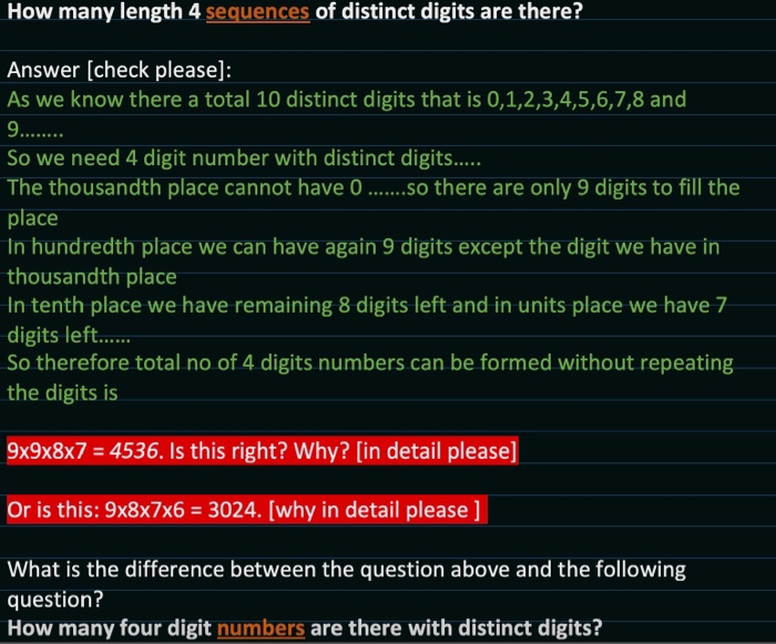Solved How many length 4 sequences of distinct digits are | Chegg.com