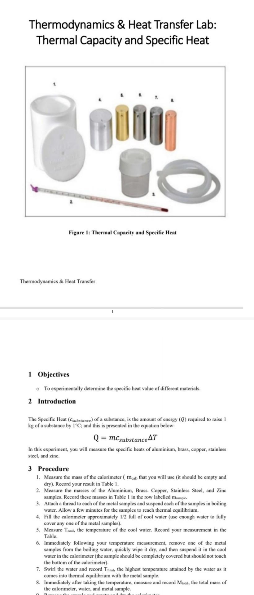 Solved Thermal capacity and specific heat lab topic 1) | Chegg.com