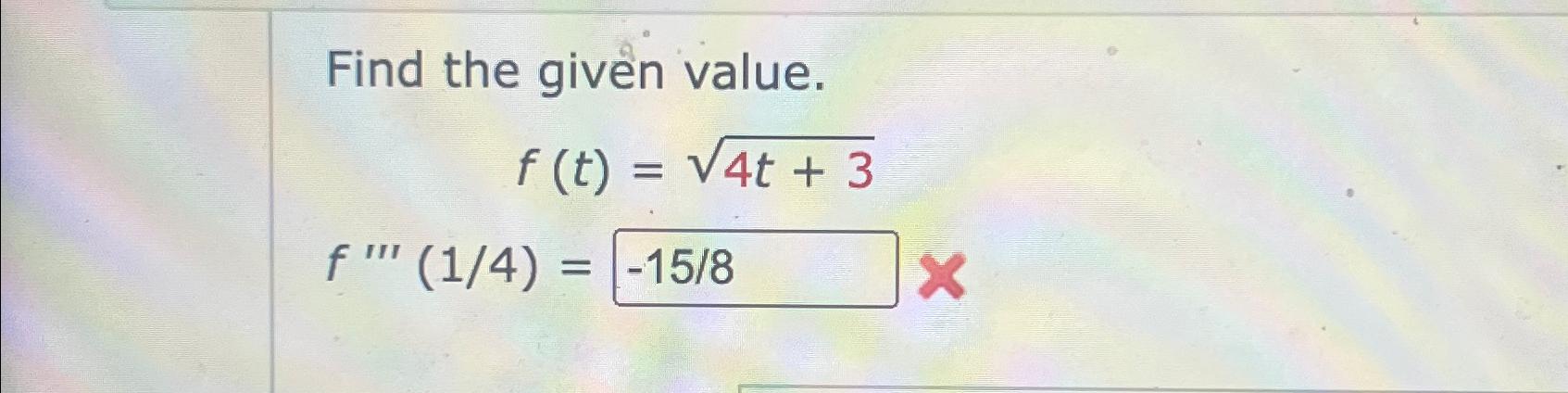 Solved Find the given value.f(t)=4t+32f'''(14)= | Chegg.com