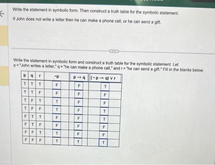 Solved Write the statement in symbolic form. Then construct | Chegg.com