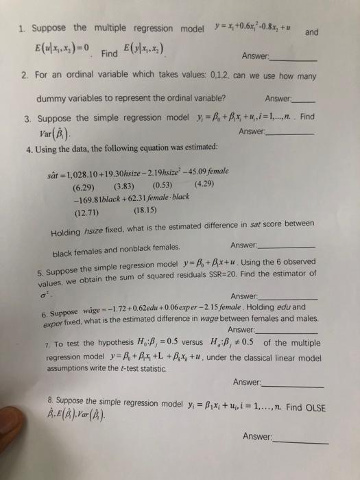 Solved 1. Suppose the multiple regression model | Chegg.com