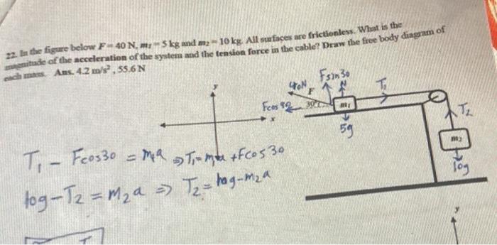 Solved 22. In the figure below F-40 N. mr - 5 kg and m2 - 10 | Chegg.com