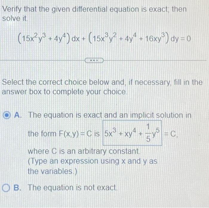 Solved Verify that the given differential equation is exact; | Chegg.com