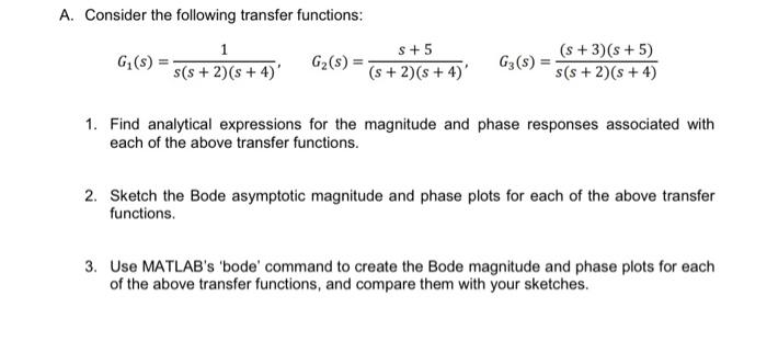 Solved A. Consider the following transfer functions: G₁(s) = | Chegg.com