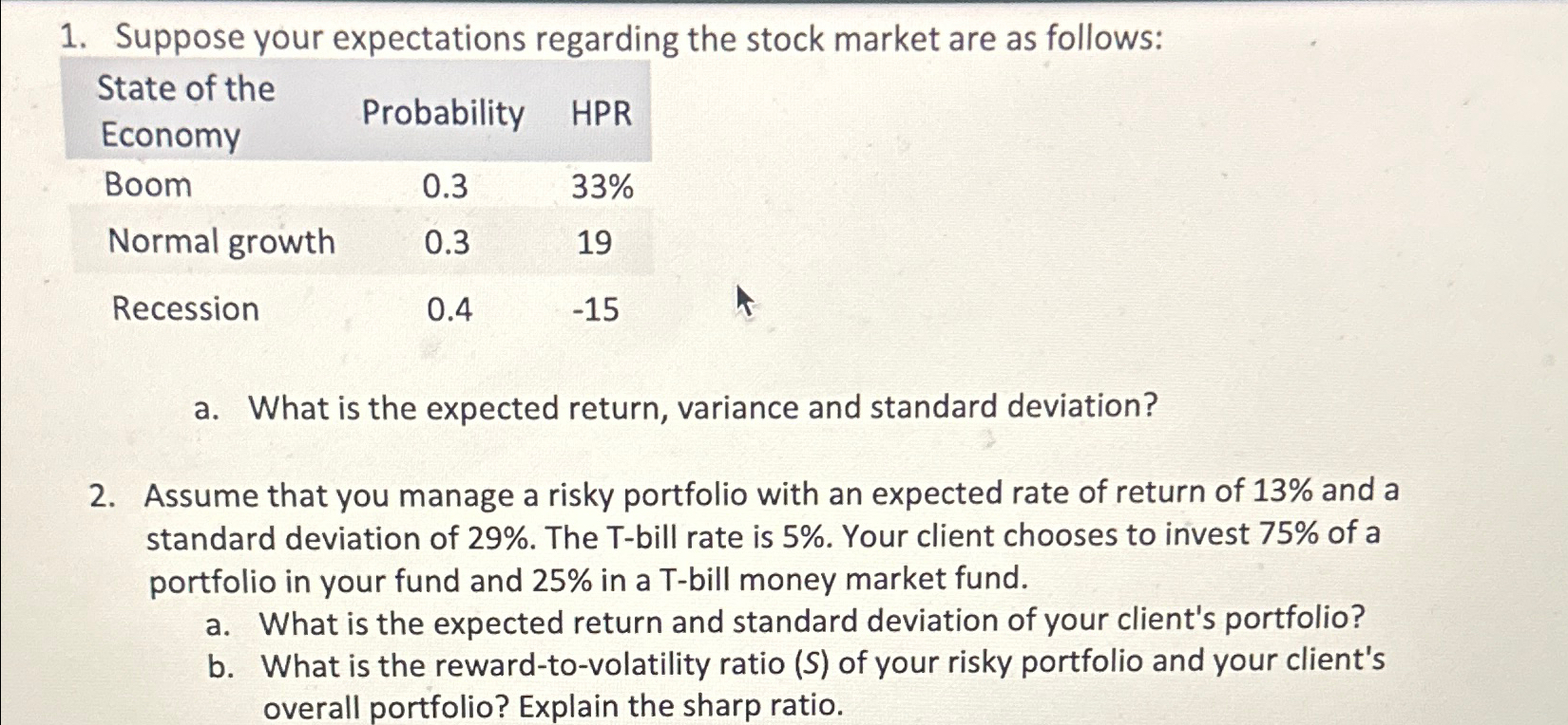 Solved Suppose your expectations regarding the stock market | Chegg.com