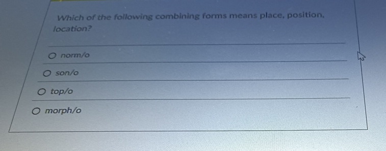 Solved Which of the following combining forms means place, | Chegg.com