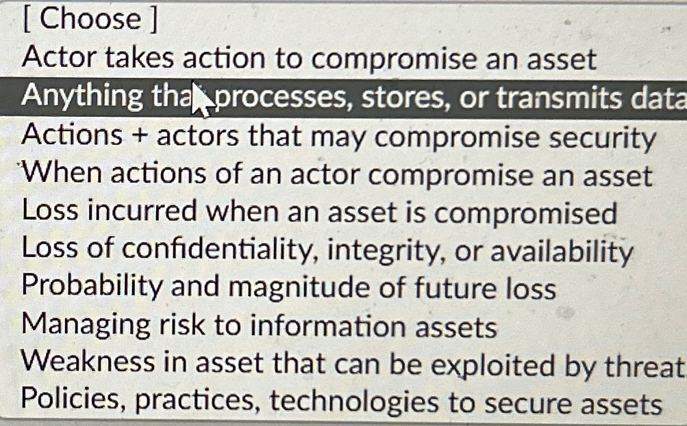 Solved [ ﻿Choose]Actor takes action to compromise an asset | Chegg.com