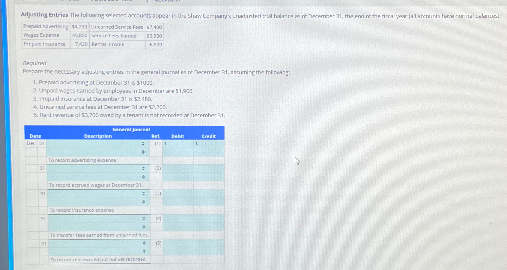 Solved Adjusting Entries The following selected accounts | Chegg.com