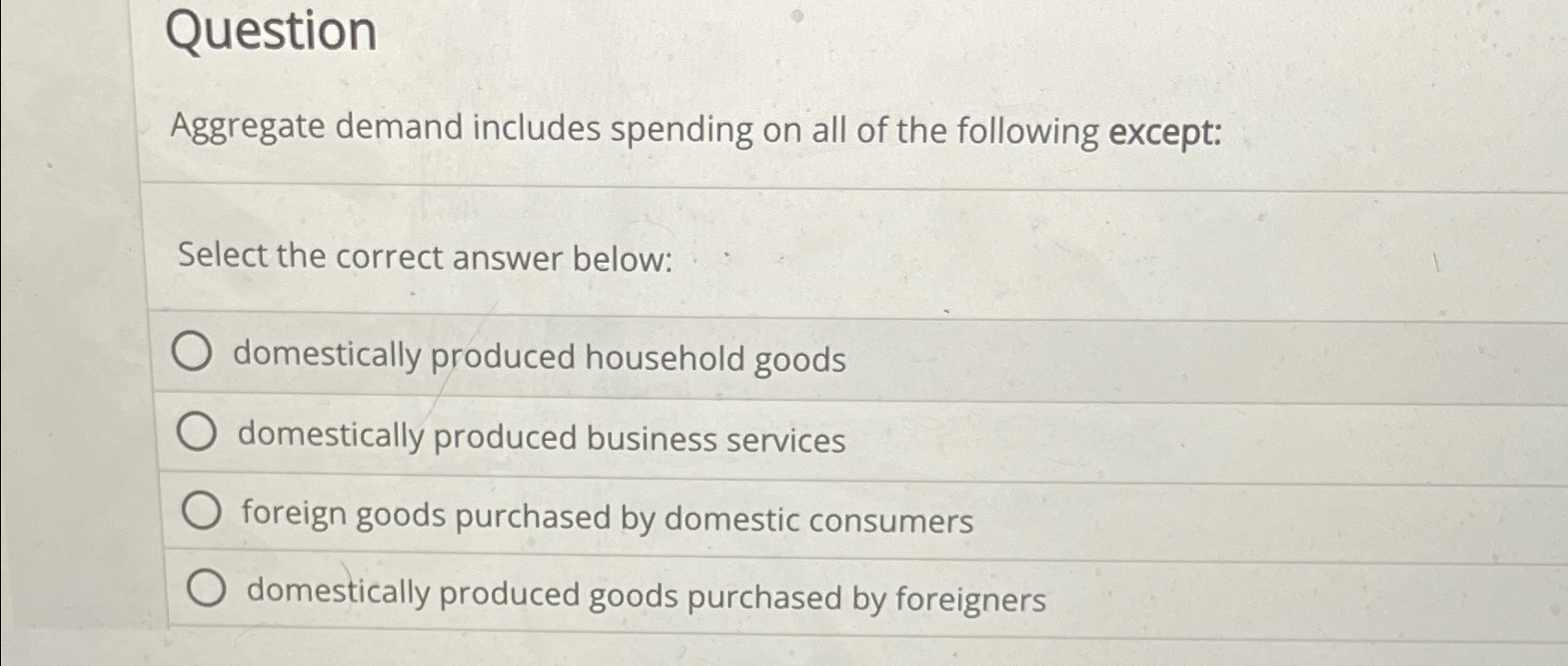 Solved QuestionAggregate demand includes spending on all of | Chegg.com