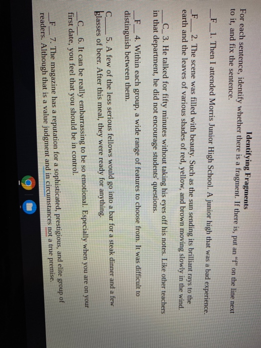Solved Identifying Fragments For each sentence, identify | Chegg.com