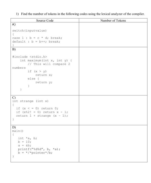 Solved 1) Find the number of tokens in the following codes | Chegg.com