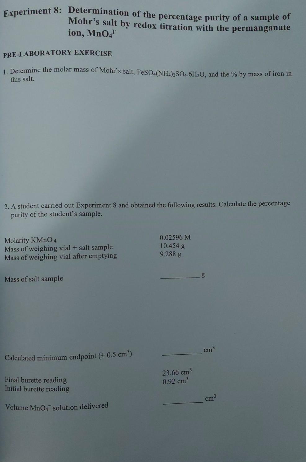 Solved Experiment 8: Determination of the percentage purity | Chegg.com