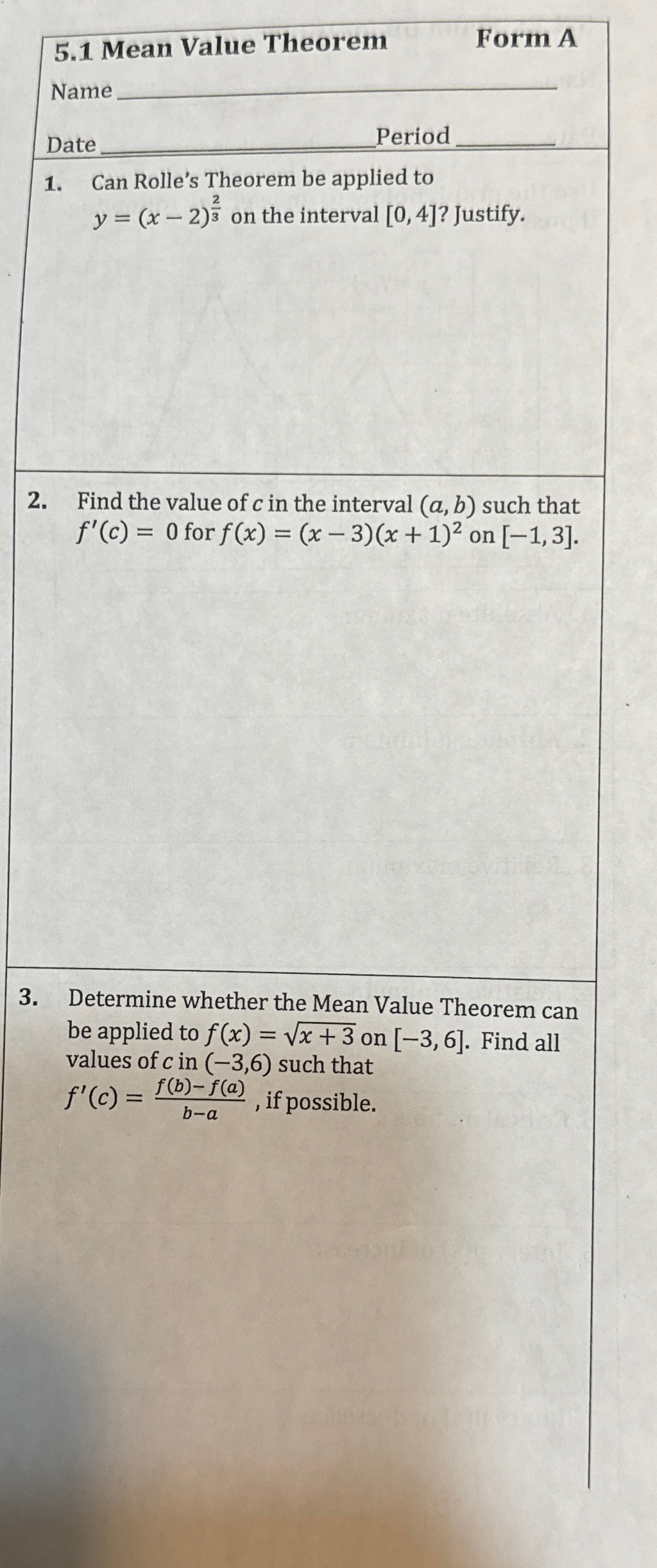 Solved 5.1 ﻿Mean Value TheoremForm ANameDatePeriodCan | Chegg.com