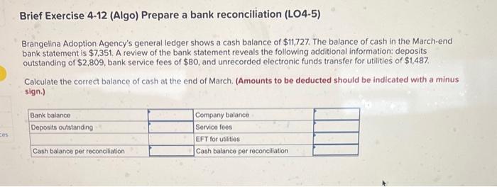 Solved Brief Exercise 4-12 (Algo) Prepare a bank | Chegg.com