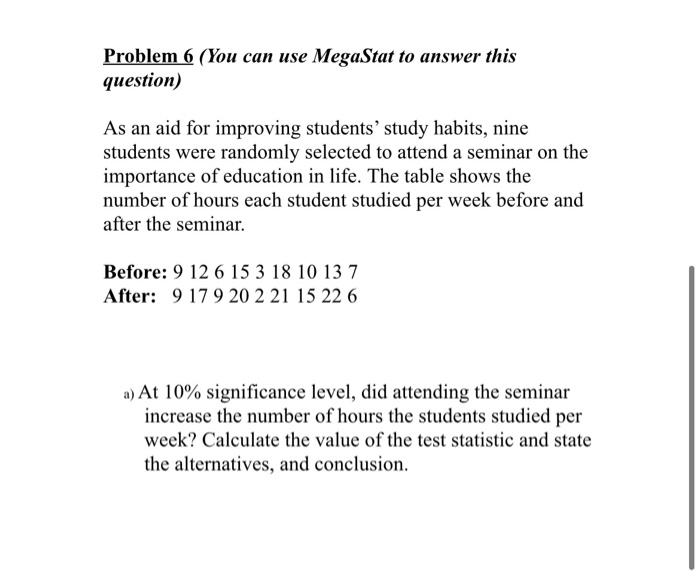 Solved Problem 6 (You can use MegaStat to answer this | Chegg.com