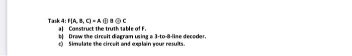Solved Task 4: F(A,B,C)=A⊕B⊕C a) Construct the truth table | Chegg.com