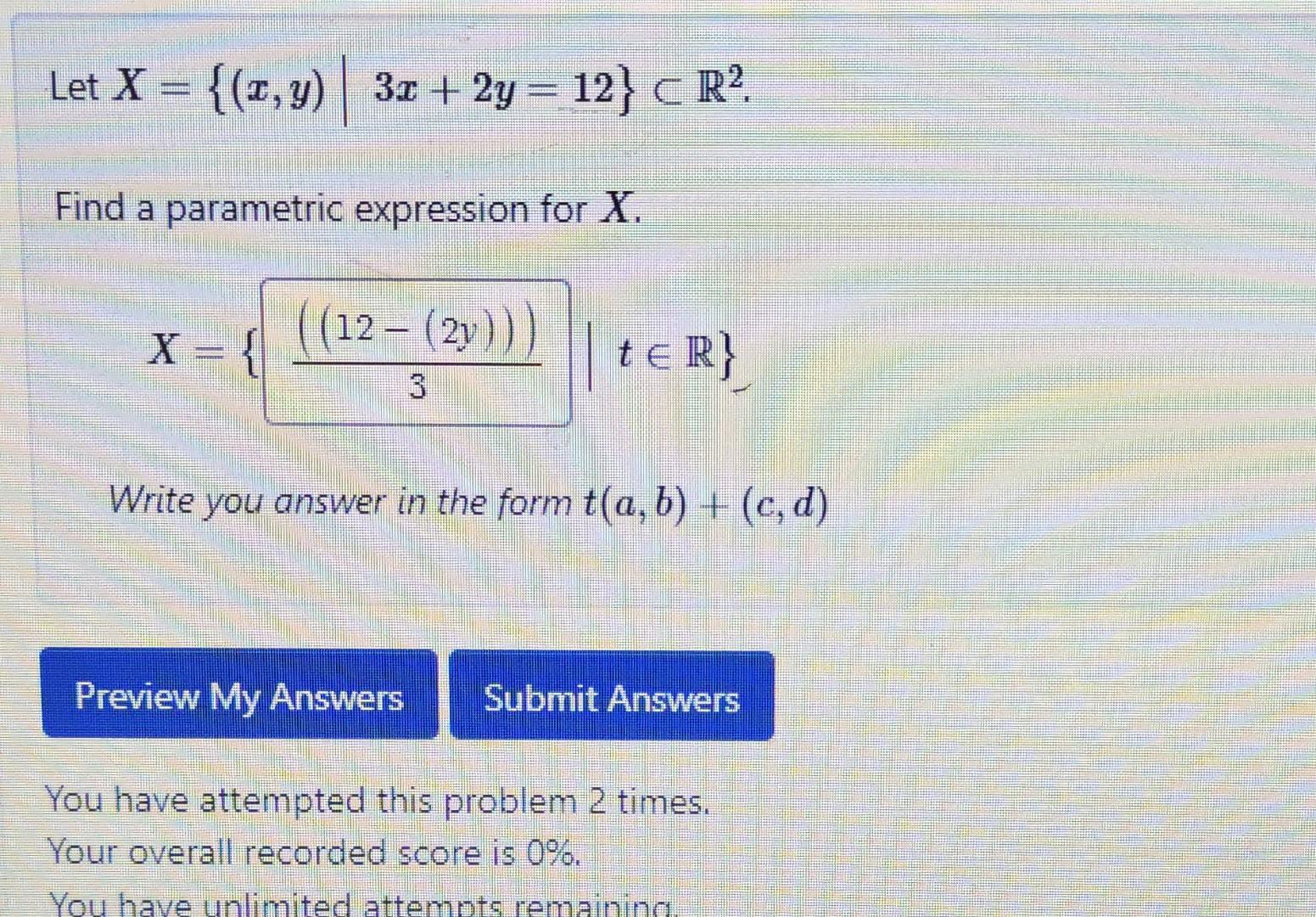 Solved Let X { X Y ∣3x 2y 12}⊂r2 Find A Parametric