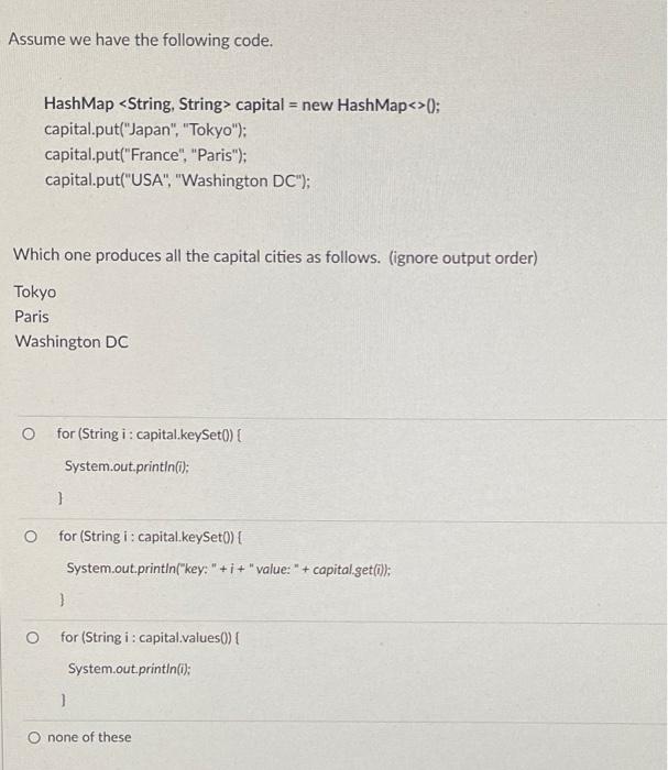 Solved Assume we have the following code. HashMap > capital | Chegg.com