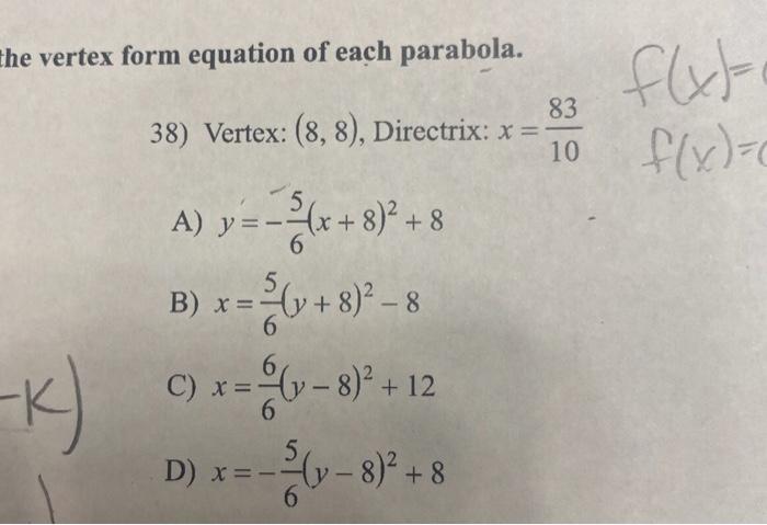 Solved the vertex form equation of each parabola. flot | Chegg.com