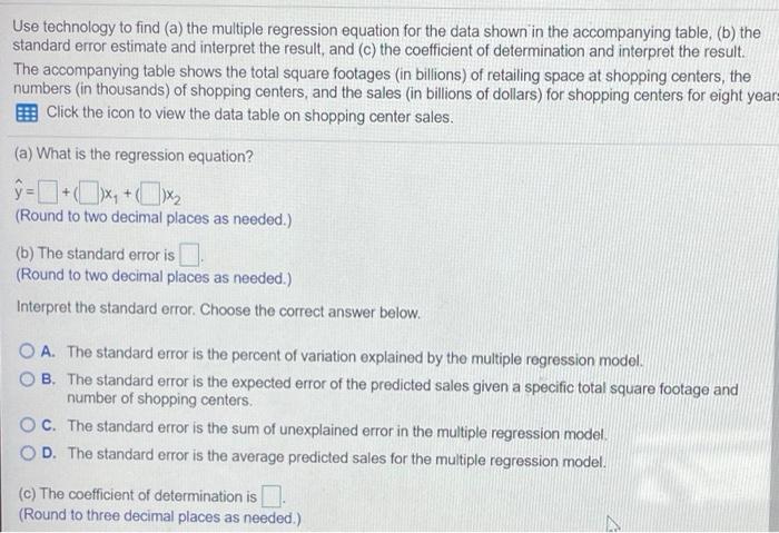 Solved Use technology to find (a) the multiple regression | Chegg.com