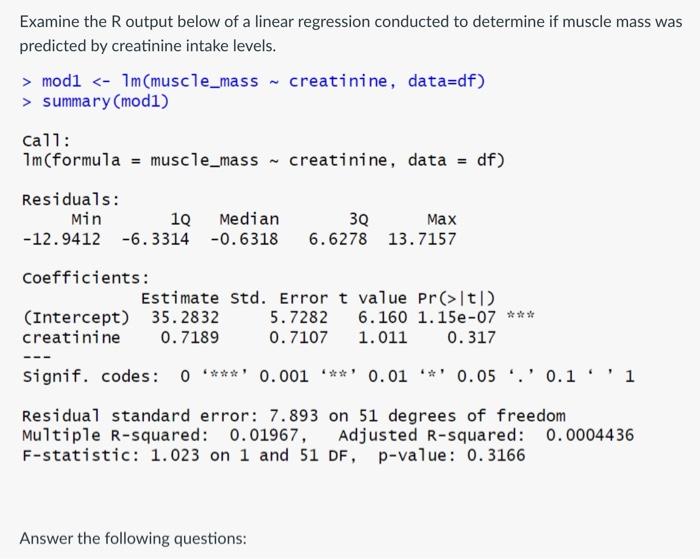 Examine the R output below of a linear regression | Chegg.com
