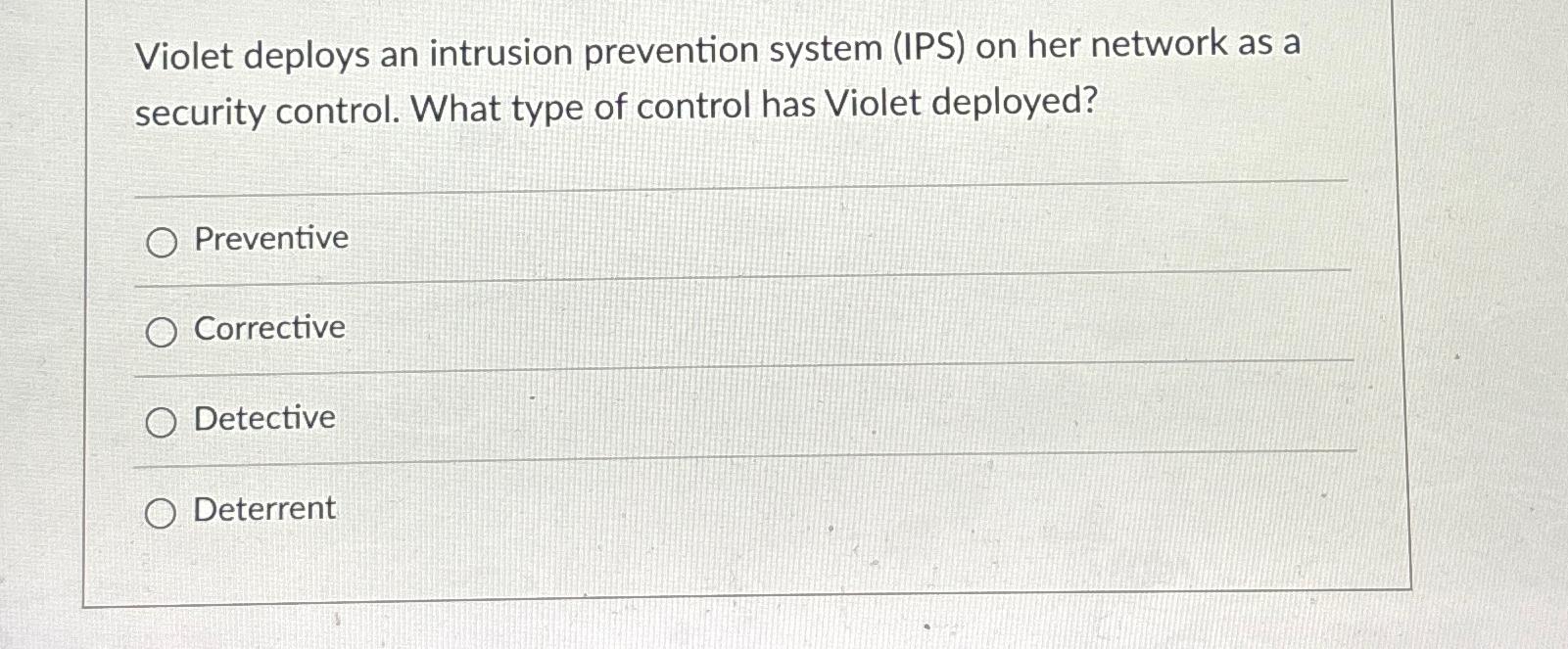 Solved Violet deploys an intrusion prevention system (IPS) | Chegg.com