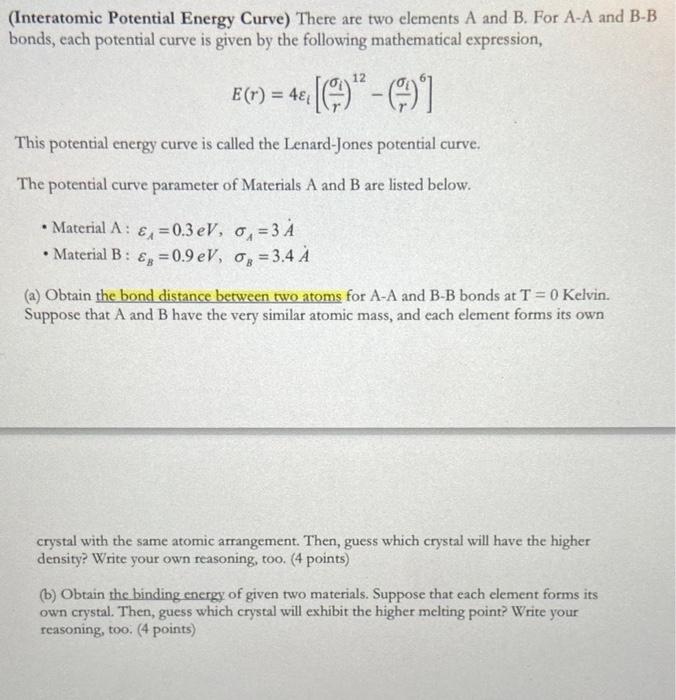 Solved Interatomic Potential Energy Curve There Are Two