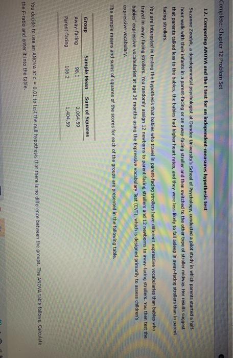 Solved Complete: Chapter 12 Problem Set 12. Comparing ANOVA | Chegg.com