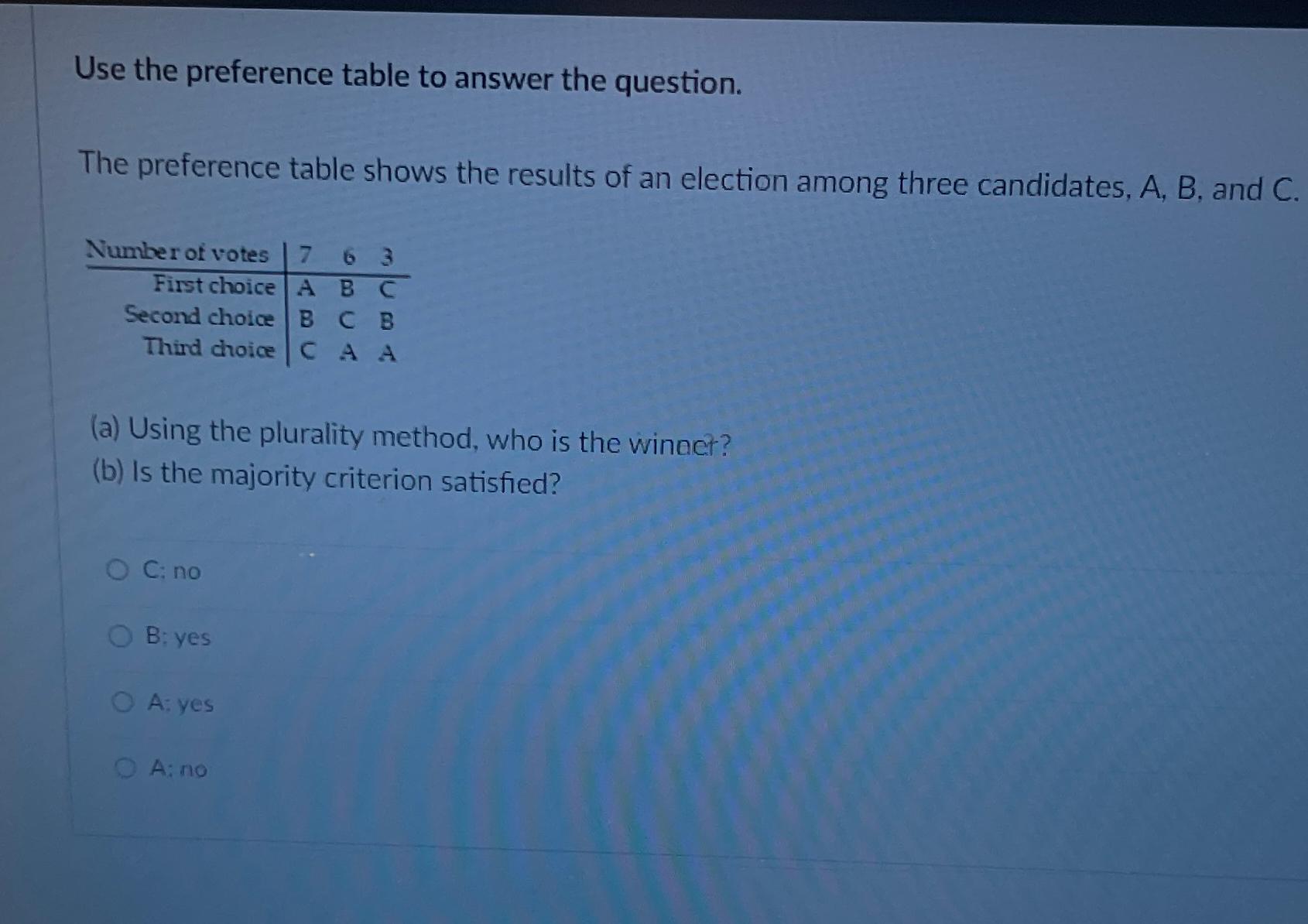 Solved Use the preference table to answer the question.The | Chegg.com