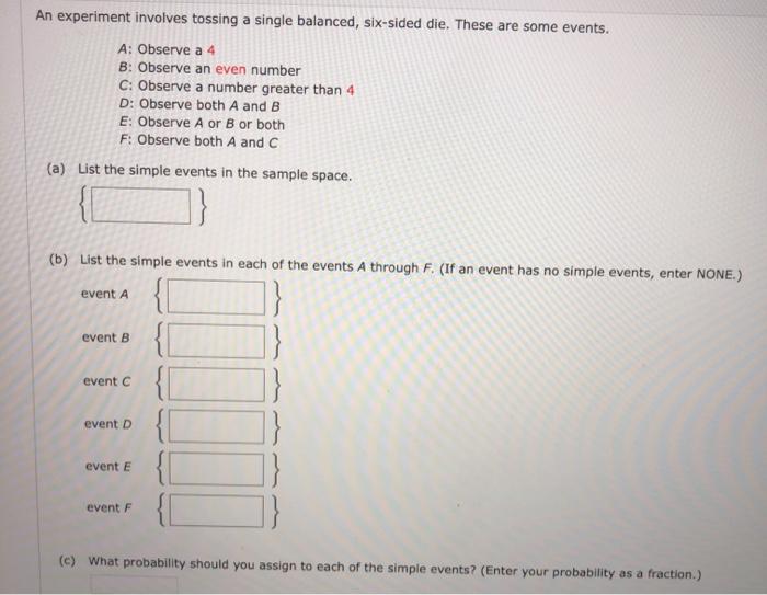 Solved An experiment involves tossing a single balanced, | Chegg.com
