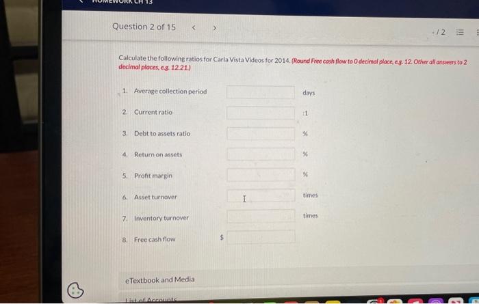 Solved Calculate the following ratios for Carla Vista Videos | Chegg.com