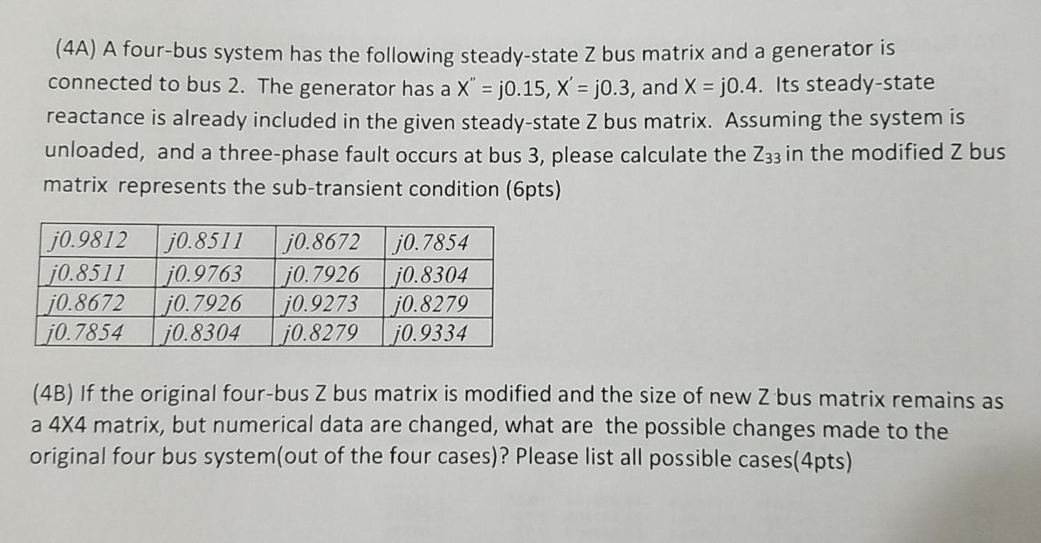 Solved (4A) A four-bus system has the following steady-state | Chegg.com