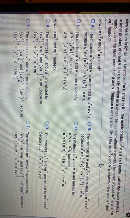 Solved View vectors in Ras nx 1 matrices. For u and v in R, | Chegg.com