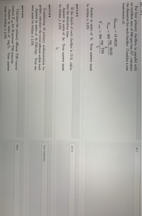 Solved part 1 of 8 For four primary clarifiers in parallel | Chegg.com