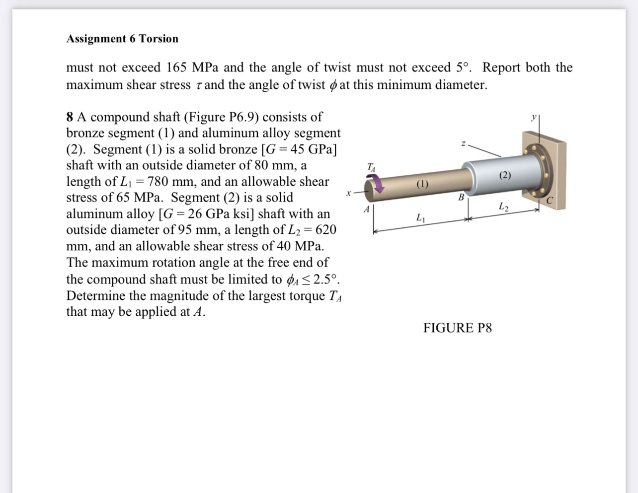 Solved Assignment 6 ﻿Torsionmust not exceed 165MPa and the | Chegg.com