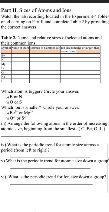 Part II. Sizes of Atoms and Ions Watch the lab | Chegg.com