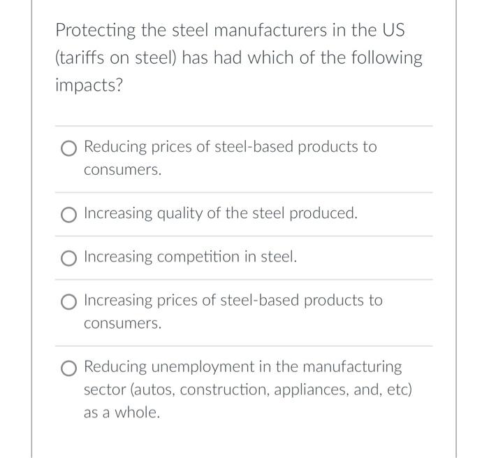 Solved Protecting the steel manufacturers in the US (tariffs | Chegg.com