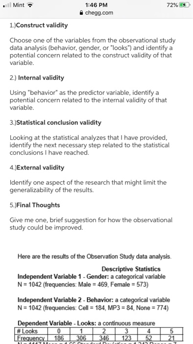 Solved il Mint 72% 1:46 PM chegg.com 1.)Construct validity | Chegg.com