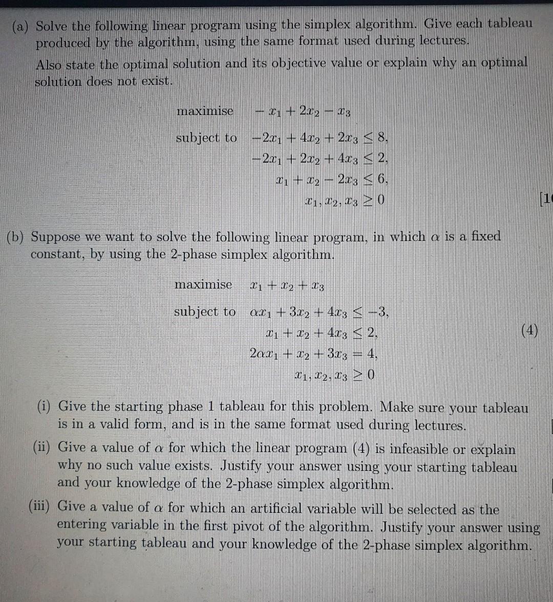 Solved (a) Solve the following linear program using the | Chegg.com